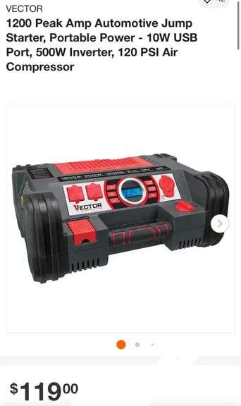 VECTOR 1200 Peak Amp Automotive Jump Starter, Portable Power - 10W USB ...