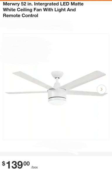 Merwry 52 in. Intergrated LED Matte White Ceiling Fan With Light And ...