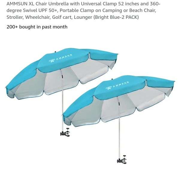 AMMSUN XL Chair Umbrella with Universal Clamp 52 inches and 360-degree Swivel UPF 50+, Portable ...