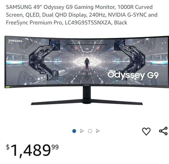 SAMSUNG 49” Odyssey G9 Gaming Monitor, 1000R Curved Screen, QLED, Dual ...