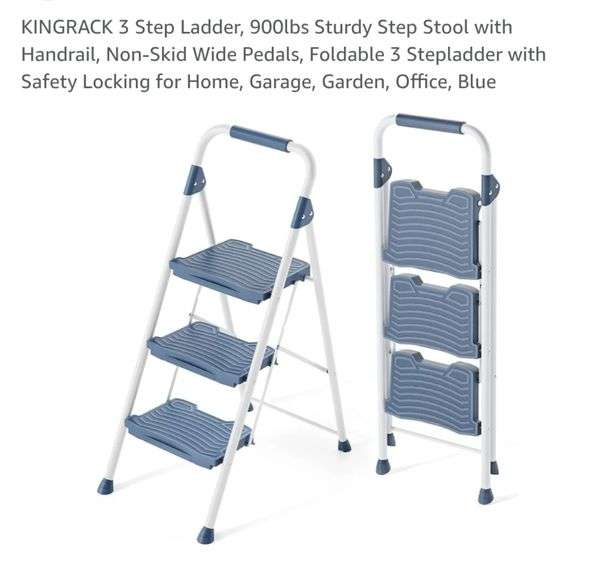 KINGRACK 3 Step Ladder, 900lbs Sturdy Step Stool with Handrail, Non-Skid Wide Pedals, Foldable 3 ...