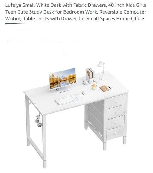 Lufeiya Small White Desk with Fabric Drawers, 40 Inch Kids Girls Teen ...