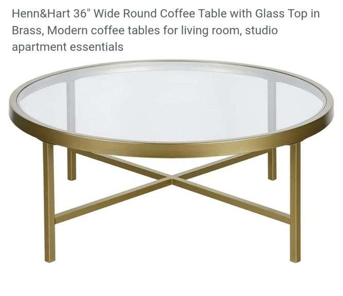 Henn&Hart 36" Wide Round Coffee Table with Glass Top in Brass, Modern ...
