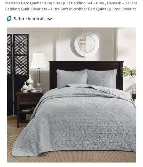 Madison Park Quebec King Size Quilt Bedding Set - Grey , Damask – 3 ...