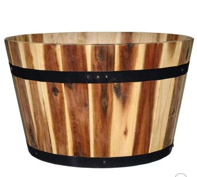 Classic Home and Garden Acacia Wood Whiskey Barrel Planter with Black ...