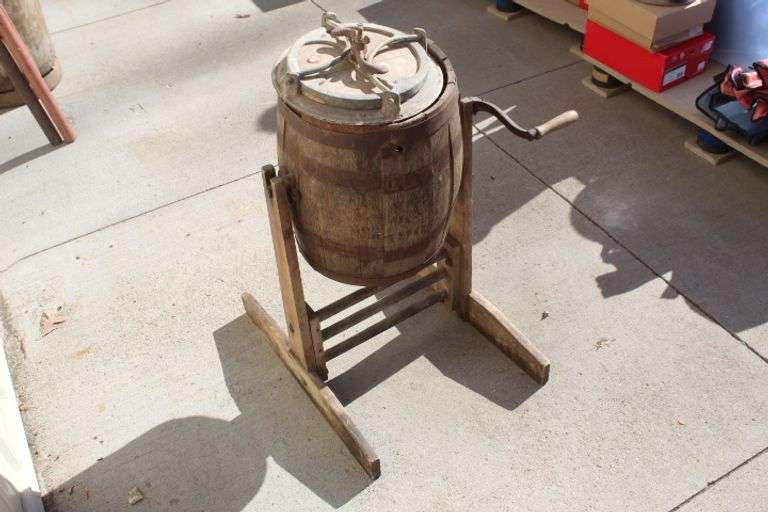 Antique wooden butter churn on stand - Lee Real Estate & Auction Service