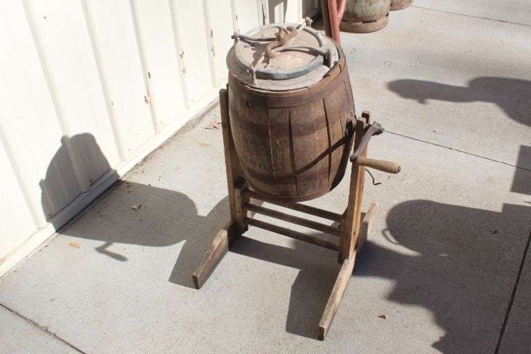 Antique wooden butter churn on stand - Lee Real Estate & Auction Service
