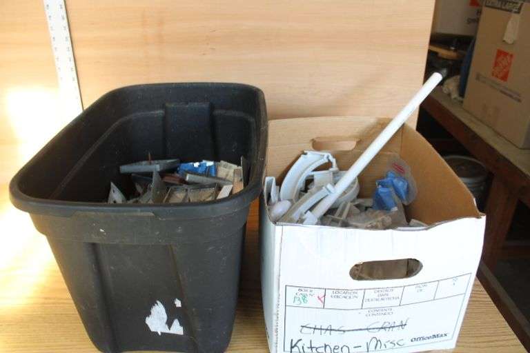 Two boxes of misc. hardware & pvc hooks - Lee Real Estate & Auction Service