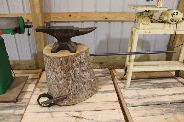 Fulton Anvil on stump w/wheels & cutting tool - Lee Real Estate ...