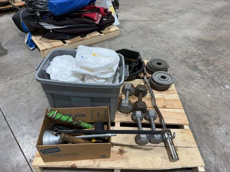 Pallet of Oil Drain Pails, Funnels, Hand Tools, & Weights - Lee Real ...