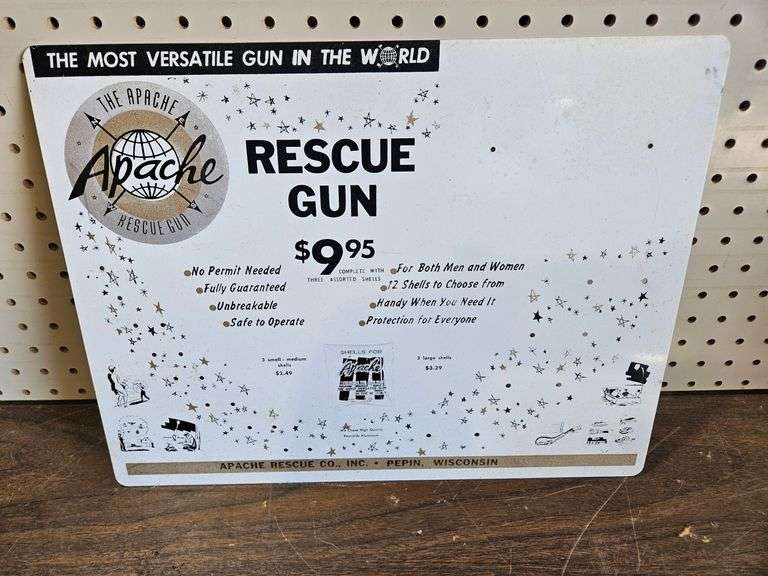 Rare Apache Rescue Gun Sign - Lee Real Estate & Auction Service