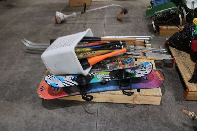 Pallet of snow boards, bats, skis & crutches - Lee Real Estate ...
