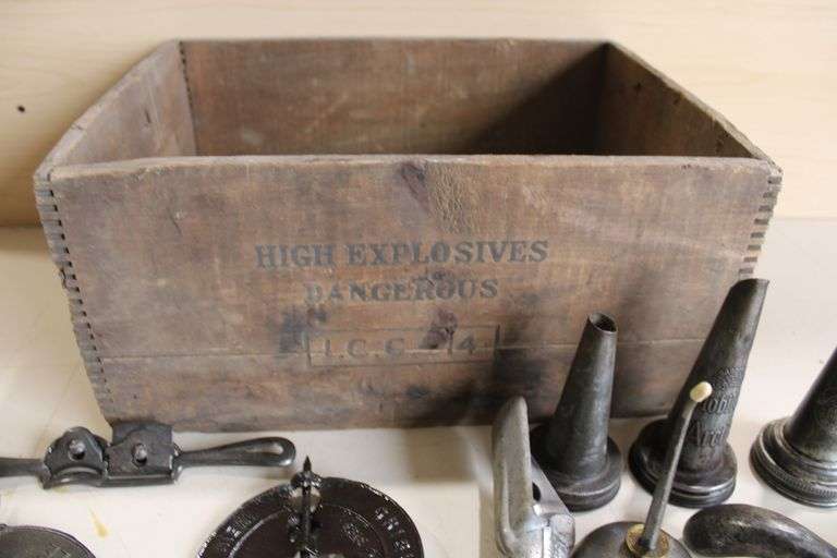 Wooden Explosives box w/antiques - Lee Real Estate & Auction Service