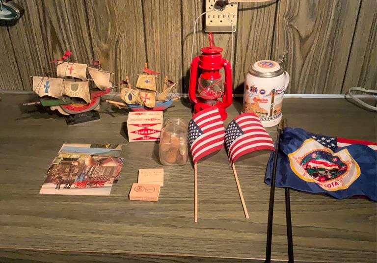 Small Pirate ships, post cards, lantern, flags, lidded stein, Grain ...