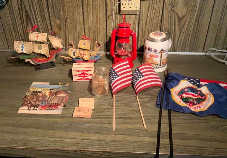 Small Pirate ships, post cards, lantern, flags, lidded stein, Grain ...