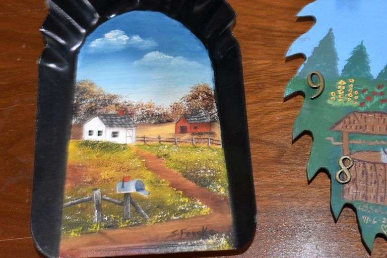 Painted Coal Scoop, Painted Sawblade Clock, (3) Advertising Plates ...