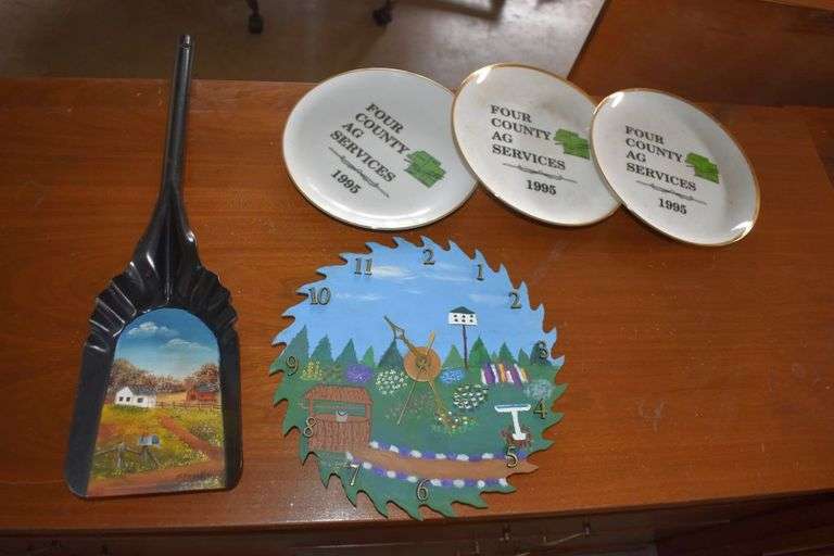 Painted Coal Scoop, Painted Sawblade Clock, (3) Advertising Plates ...
