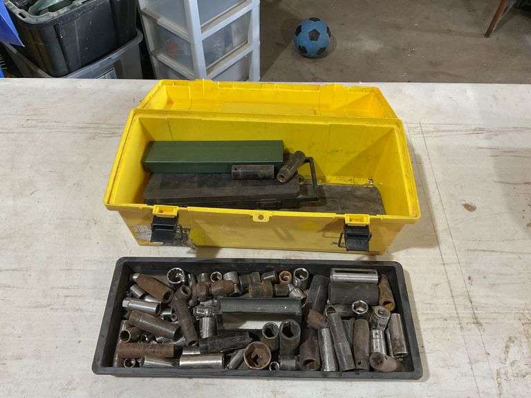 yellow tool box w/misc sockets - Hamilton-Maring Auction Group