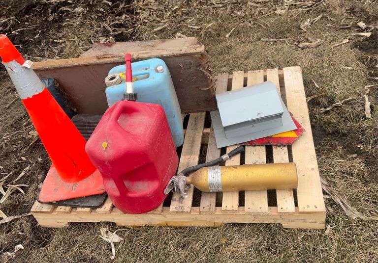 Pallet containing-gas cans, cones, wheel stops, toolbox, SVM sign, fire ...