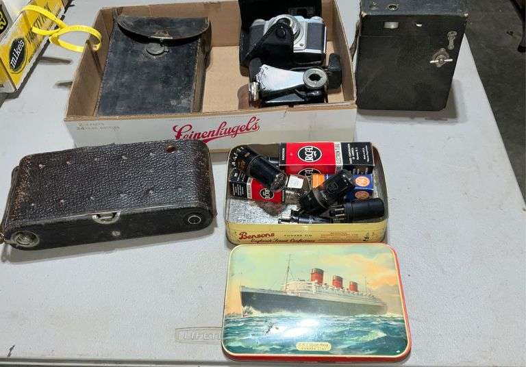 Vintage cameras, includes box camera,Eastman Kodak folding camera ...