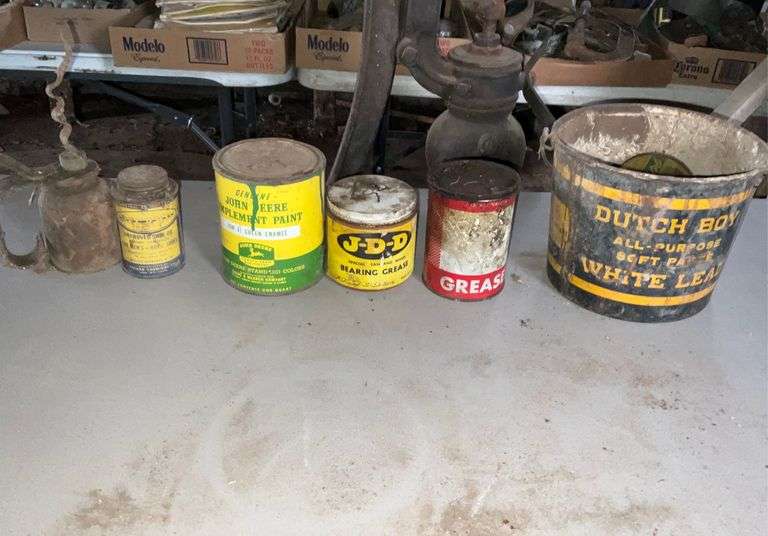 John Deere implement paint tin, grease tins, Dutch boy white lead ...