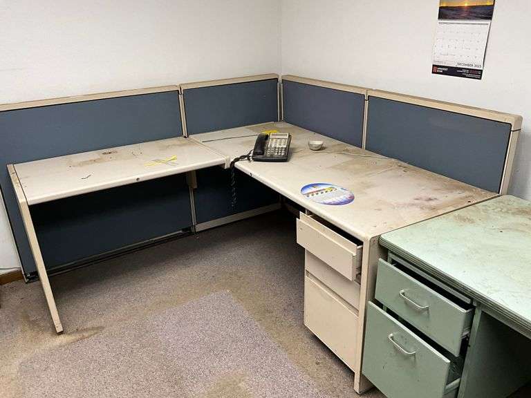 Metal corner desk with backing, 2 drawer desk, front office - Hamilton ...