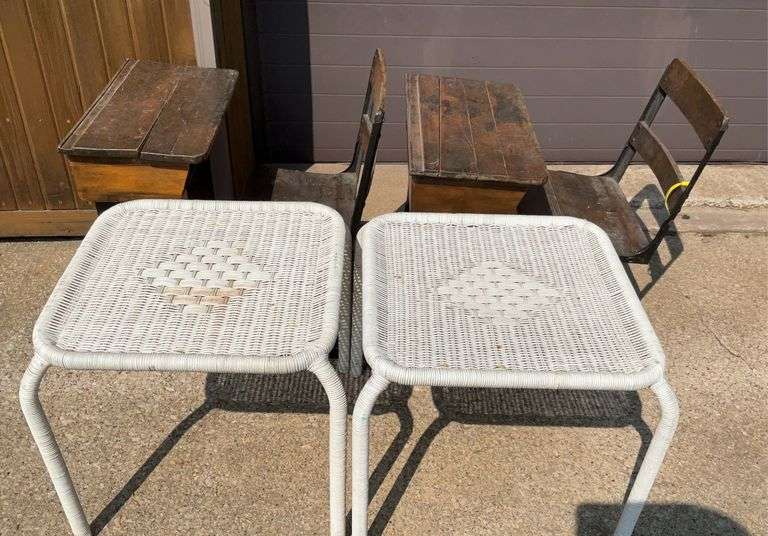 (2)wicker patio tables, (2) school desks - Hamilton-Maring Auction Group