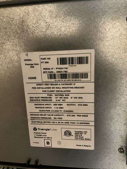 Prestige Triangle-Tube Gas Boiler, 379 MBH, SN: PT - Hamilton-Maring ...