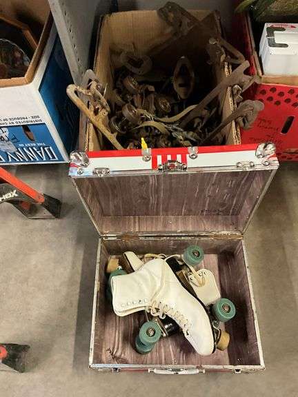Box of vintage ice skates & pair of roller blades - Hamilton-Maring ...