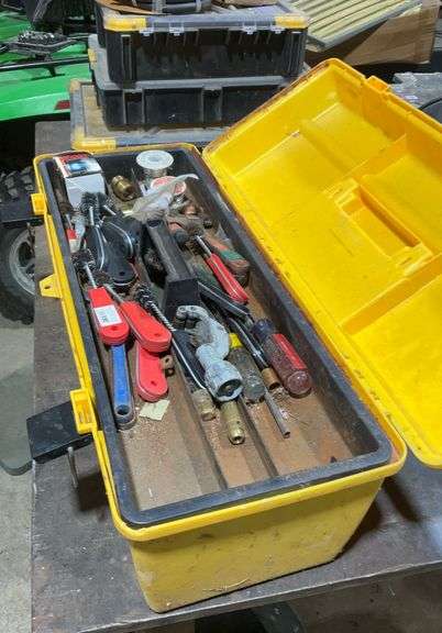 Yellow tool box w/soldering tools & solder - Hamilton-Maring Auction Group