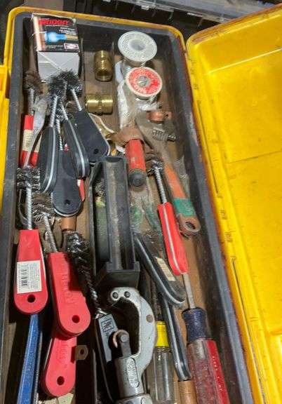 Yellow tool box w/soldering tools & solder - Hamilton-Maring Auction Group