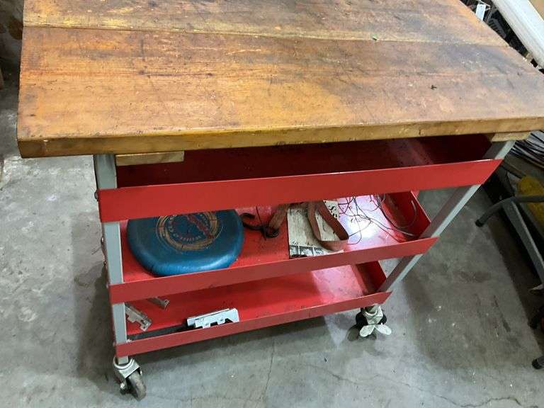 3 Tier Rolling Shop Bench with Wooden Top - Hamilton-Maring Auction Group