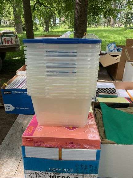 Box of fabric, tablets, loose leaf paper, box of colored reams of paper ...