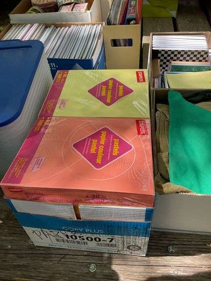 Box of fabric, tablets, loose leaf paper, box of colored reams of paper ...