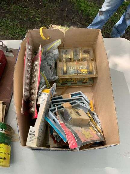 box of jingle bells, hinges, treble light, 2 boxes metal arches ...