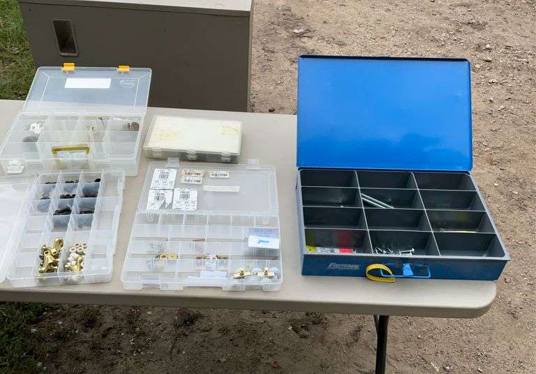 4 plastic storage boxes w/contents & 1 fastenal drawer w/contents ...
