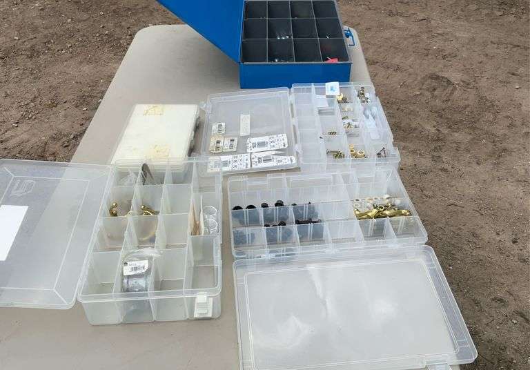 4 plastic storage boxes w/contents & 1 fastenal drawer w/contents ...
