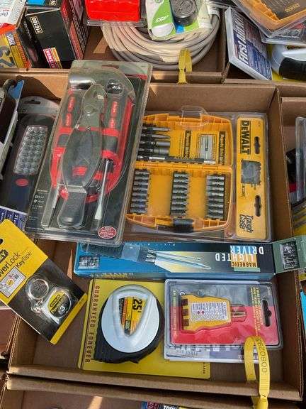 Flat w/dewalt bit set, sheffield 4 pc home owners tool kit, tape ...