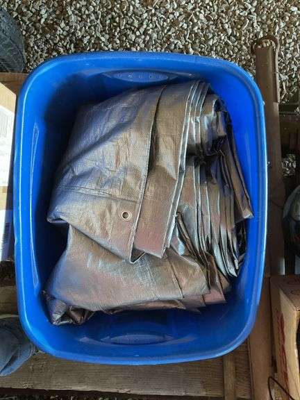 Tote of tarps, box of plastic, tarp fasteners - Hamilton-Maring Auction ...