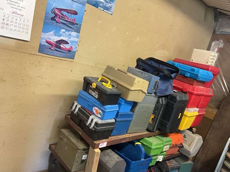 Top shelf - tool boxes & tool bags assortment; plastic & metal ...