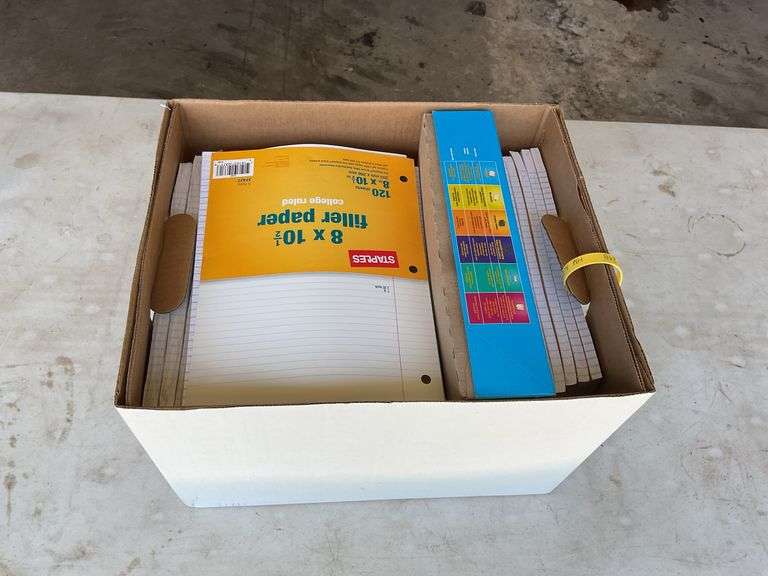 Box of loose leaf paper East half of plastic organizers, including ...