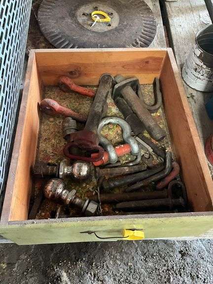 Box of hitch pins, ball hitches - Hamilton-Maring Auction Group