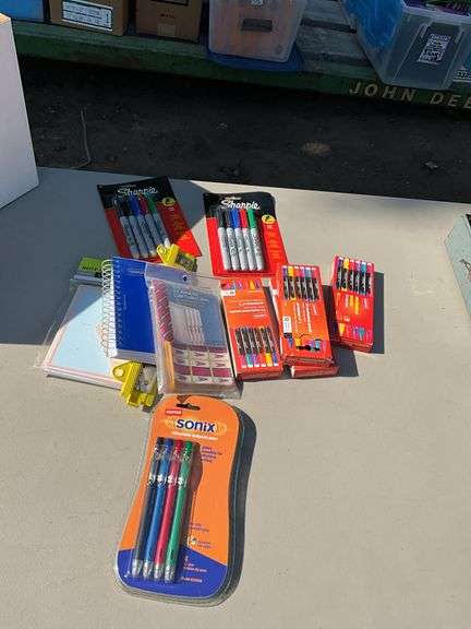 Box of carpentry pencils, sharpies, rulers, note cards pencils, office ...
