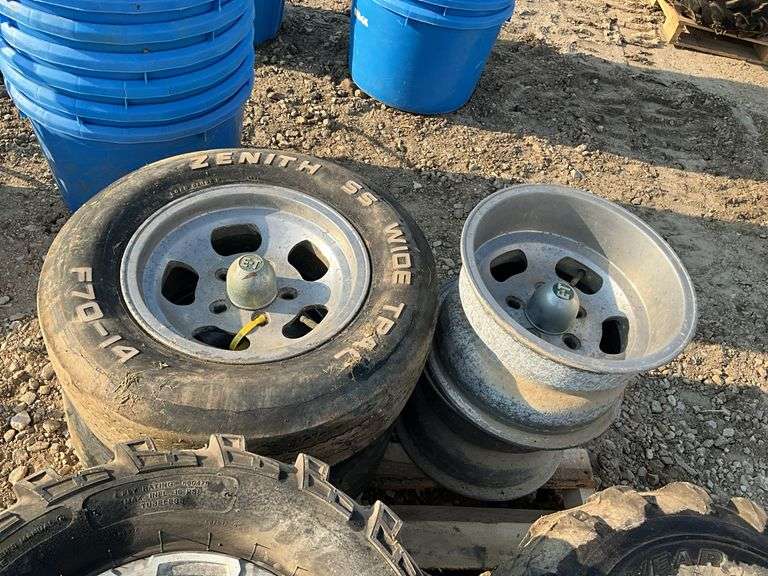 (4) 14" Alum universal rims (2 with tires), F70-14 Zenith; 2=8", 2=10 ...