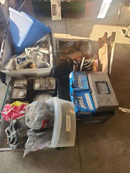 (4) Boxes Of Hard Ware,Painting Supplies,Rope,Saws,Drywall Shooter ...