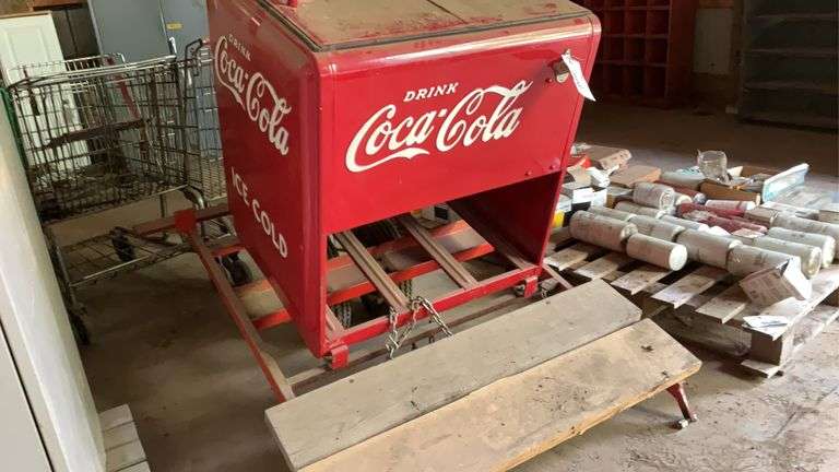 Vintage Coca-Cola Cooler Mounted on Wheel Cart - Hamilton-Maring ...