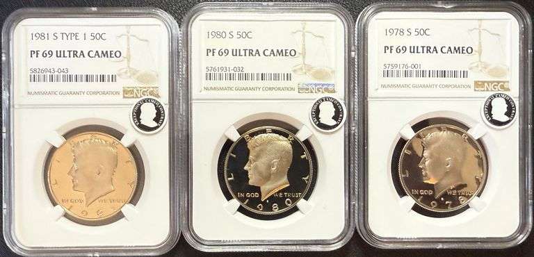 (3) Kennedy Half Dollars 50c 1978, 1980, 1981 S Ultra Cameo PF 69 ...