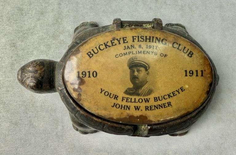 Antique 1910 1911 Cast Iron Buckeye Lake Fishing Club Mirrored Trinket ...