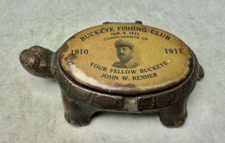 Antique 1910 1911 Cast Iron Buckeye Lake Fishing Club Mirrored Trinket ...