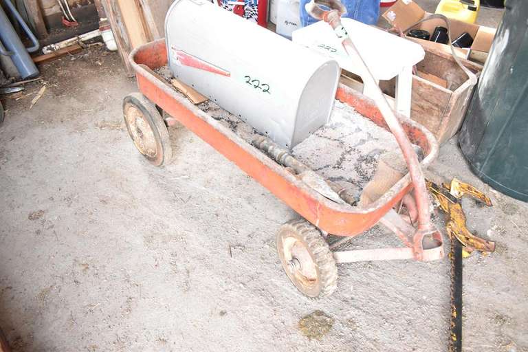 Wagon, Mail box, and wood stool - Adam Marshall Land & Auction, LLC